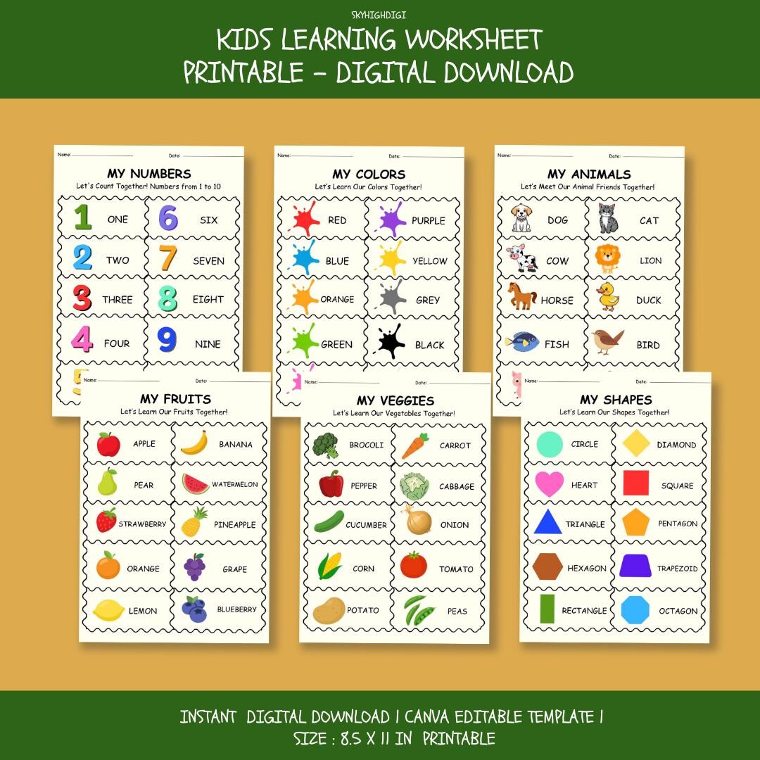 Kids Learning Worksheets Printable | Numbers, Colors, Vegetables ...