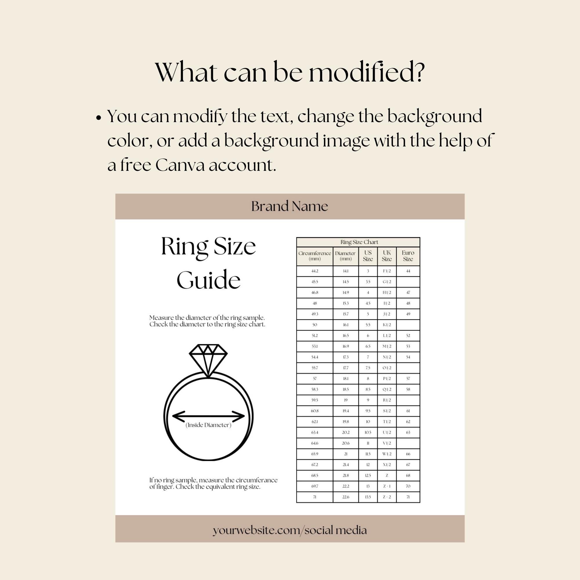 Digital Ring Size Guide Template (standard) Instant Download, Editable ...