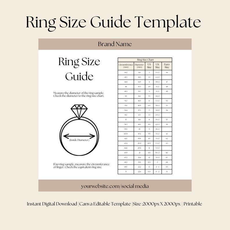 Digital Ring Size Guide Template (standard) Instant Download, Editable ...