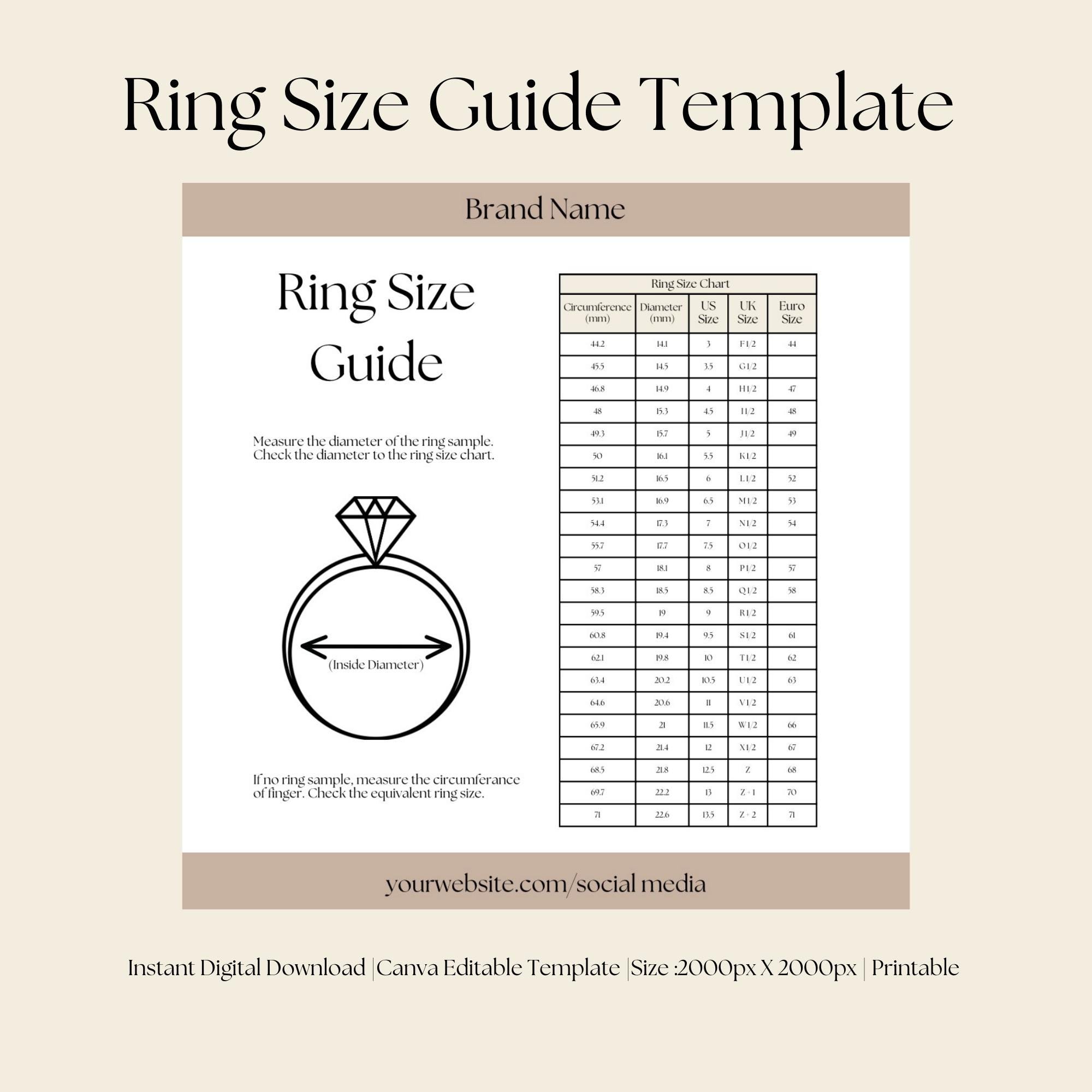 Digital Ring Size Guide Template (standard) Instant Download, Editable ...