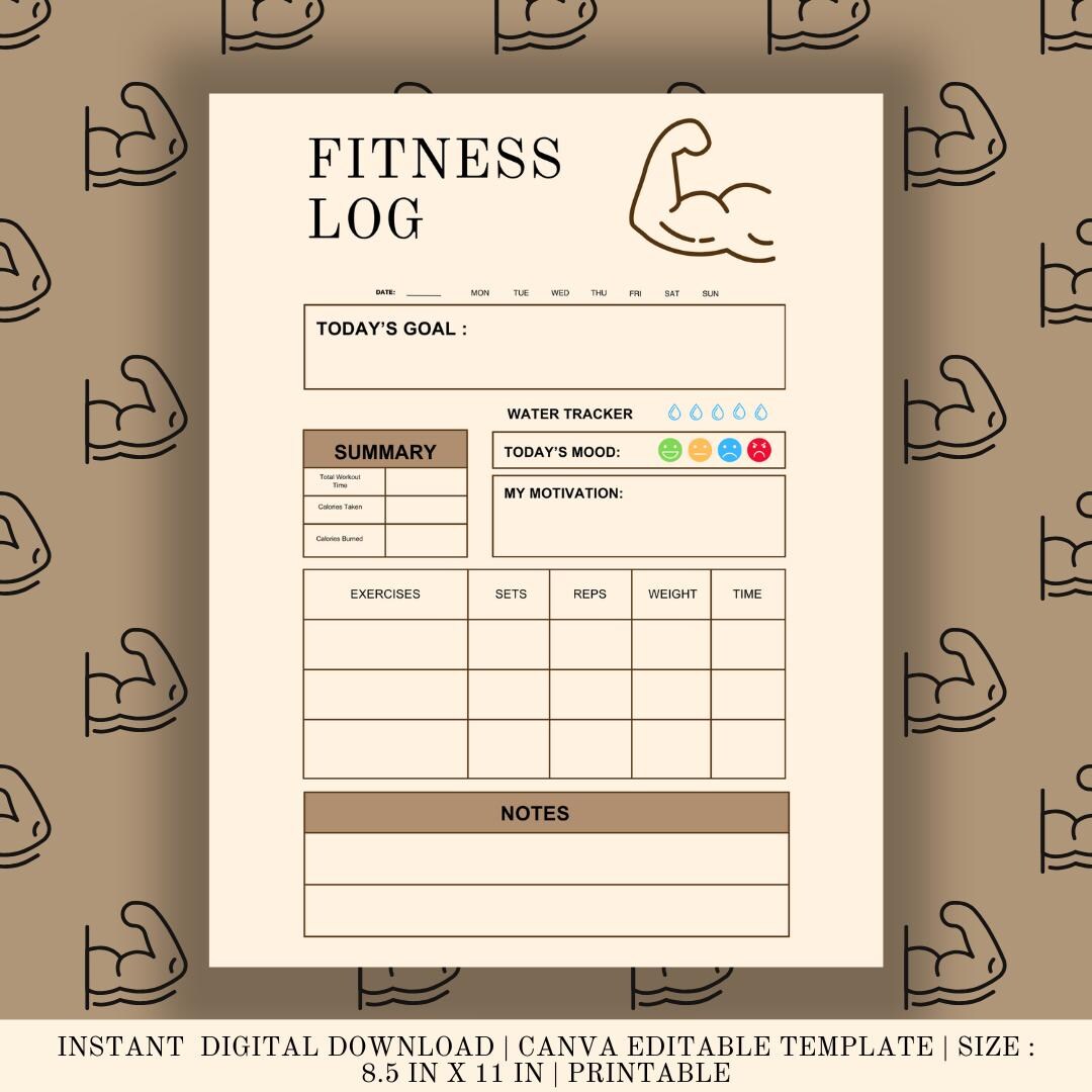 Digital Fitness Log Instant Digital Download, PDF Printable, Editable ...