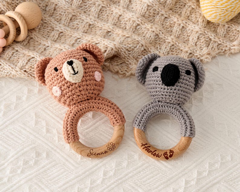 Personalized Elephant Crochet Rattle, Custom Wooden Baby Rattle ...