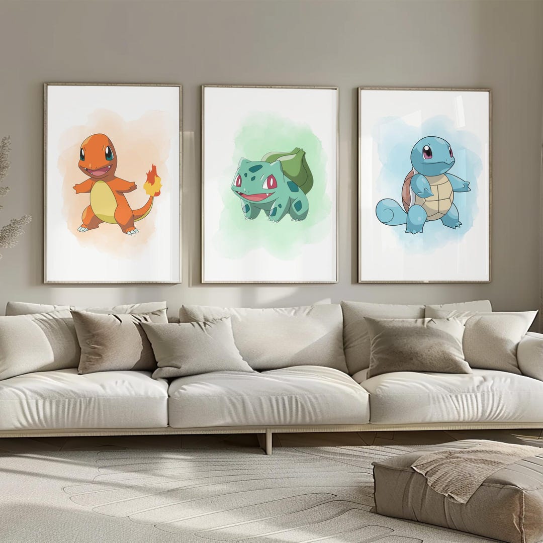 Pokemon Poster, Set of 3 Pokemon Wall Art, Squirtle, Charmander, and ...