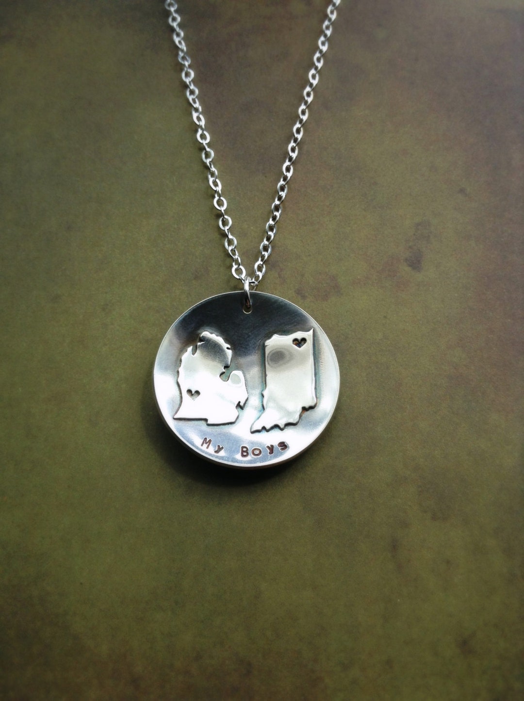 Two State or Countries on One Disc Pendant in Copper or Sterling Silver ...