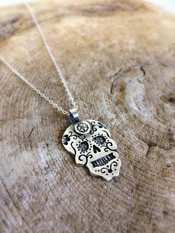 Sugar Skull Necklace in Sterling Silver or Copper or Bronze | Etsy