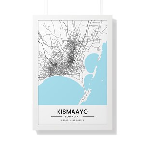 Vertical Poster, City Map of Kismaayo Somalia in White and Baby Blue ...