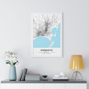 Vertical Poster, City Map of Kismaayo Somalia in White and Baby Blue ...