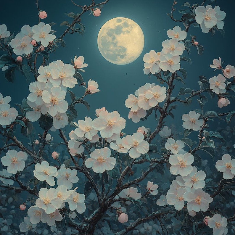 24 Full Moon Night Blooming Tree Clipart, Floral Garden Under Moonlight ...