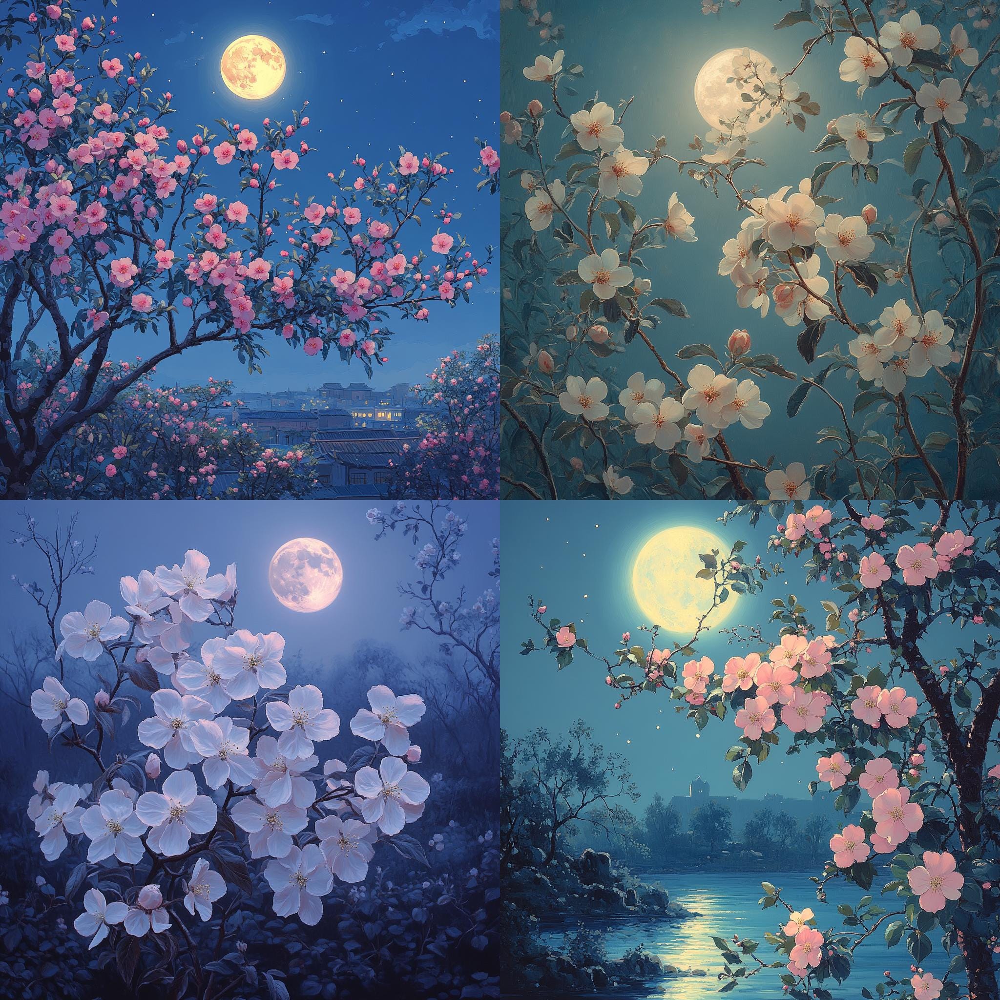 24 Full Moon Night Blooming Tree Clipart, Floral Garden Under Moonlight ...