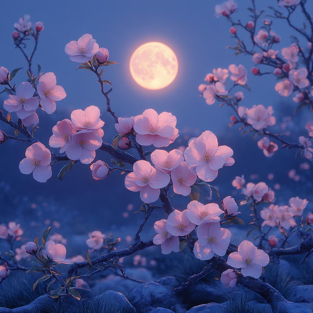 24 Full Moon Night Blooming Tree Clipart, Floral Garden Under Moonlight ...