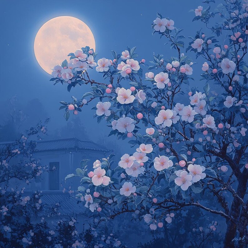 24 Full Moon Night Blooming Tree Clipart, Floral Garden Under Moonlight ...