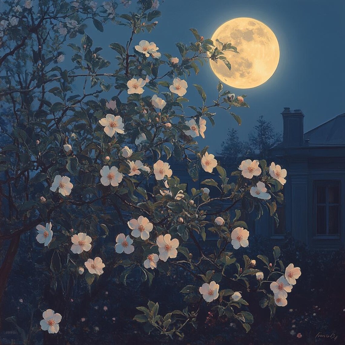 24 Full Moon Night Blooming Tree Clipart, Floral Garden Under Moonlight ...