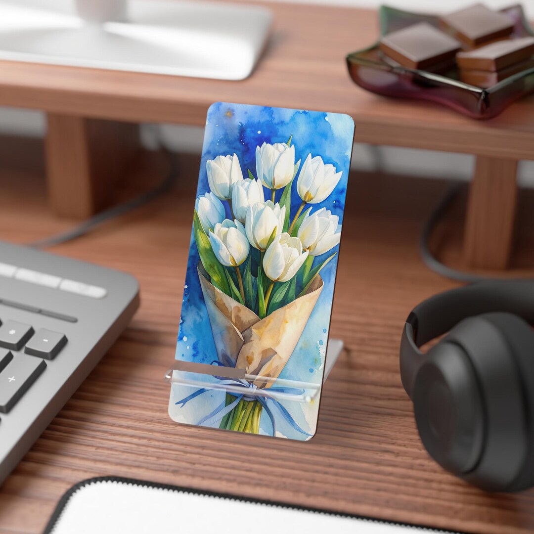 White Tulip Phone Stand Watercolor Bouquet | Compact Portable Phone ...