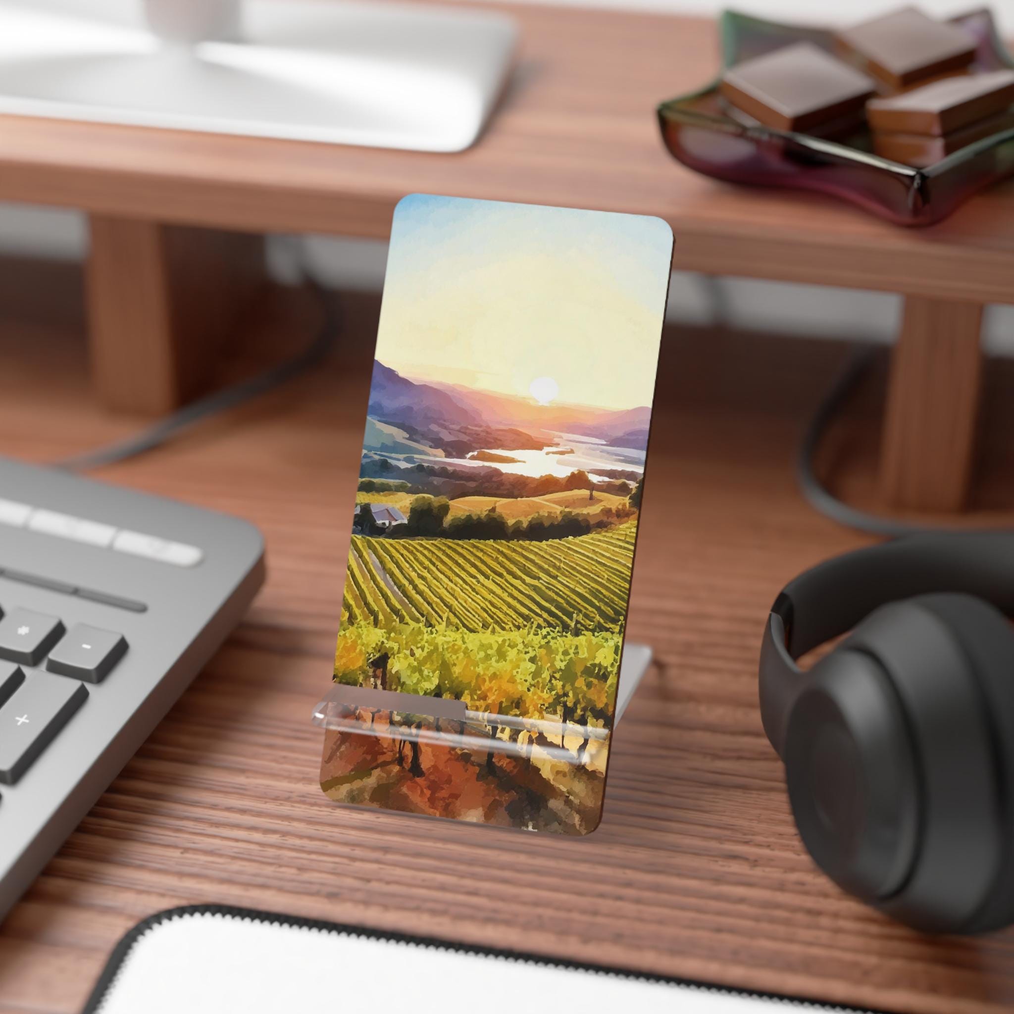 Vineyard Sunset Phone Stand | Elegant Hardboard Holder With Watercolor ...