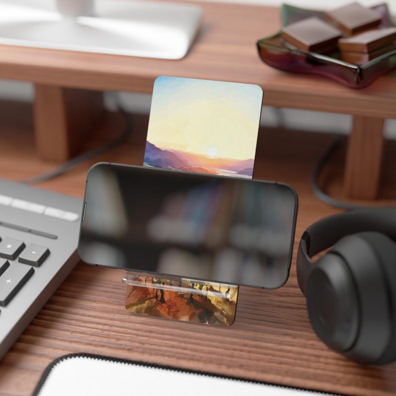 Vineyard Sunset Phone Stand | Elegant Hardboard Holder With Watercolor ...