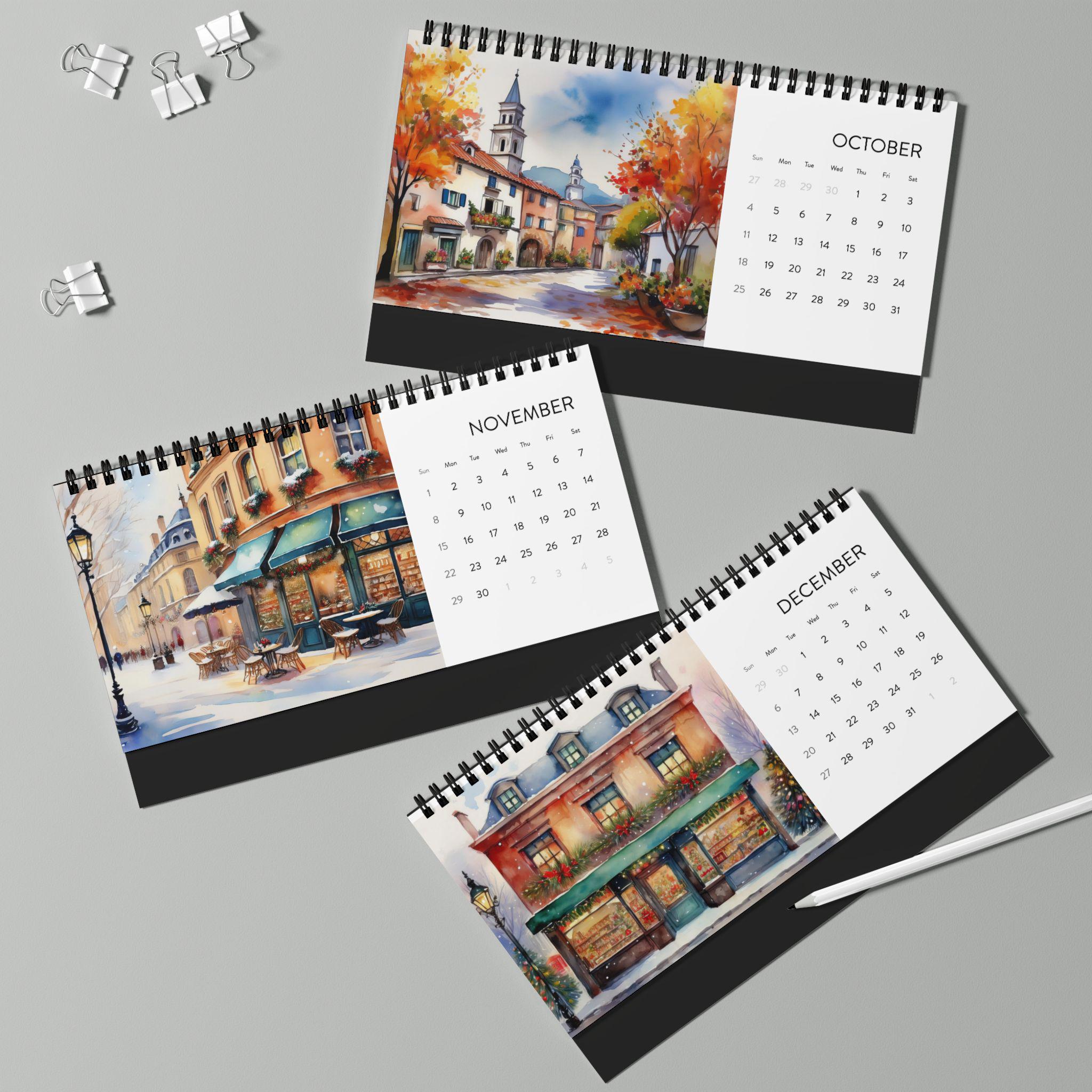 2026 Desk Calendar, Watercolor European Storefronts, Sidewalk Cafes ...