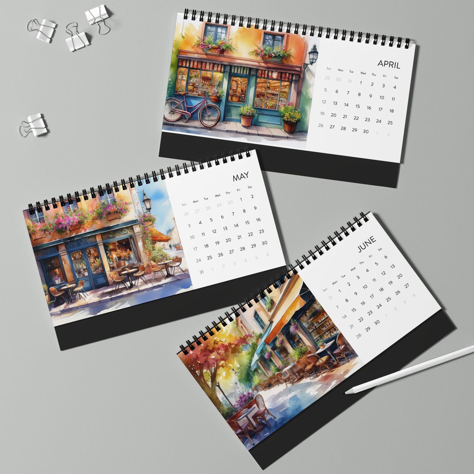 2026 Desk Calendar, Watercolor European Storefronts, Sidewalk Cafes ...