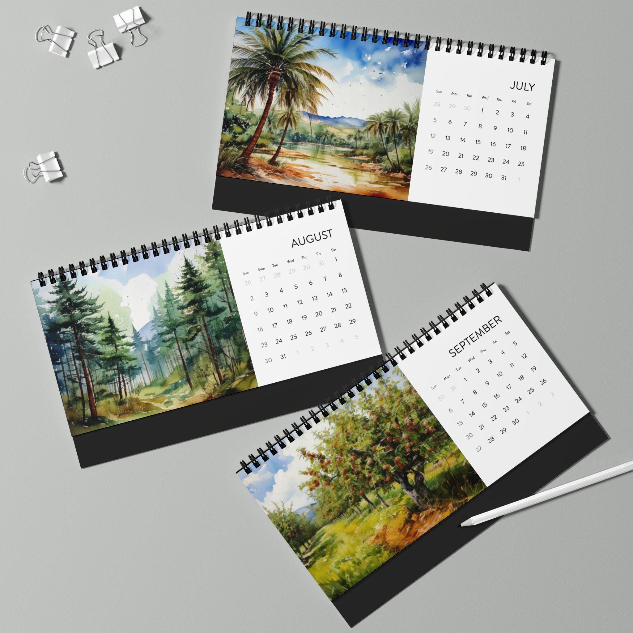 2026 Desk Calendar With Watercolor Trees Nature Scenes / Perfect for ...