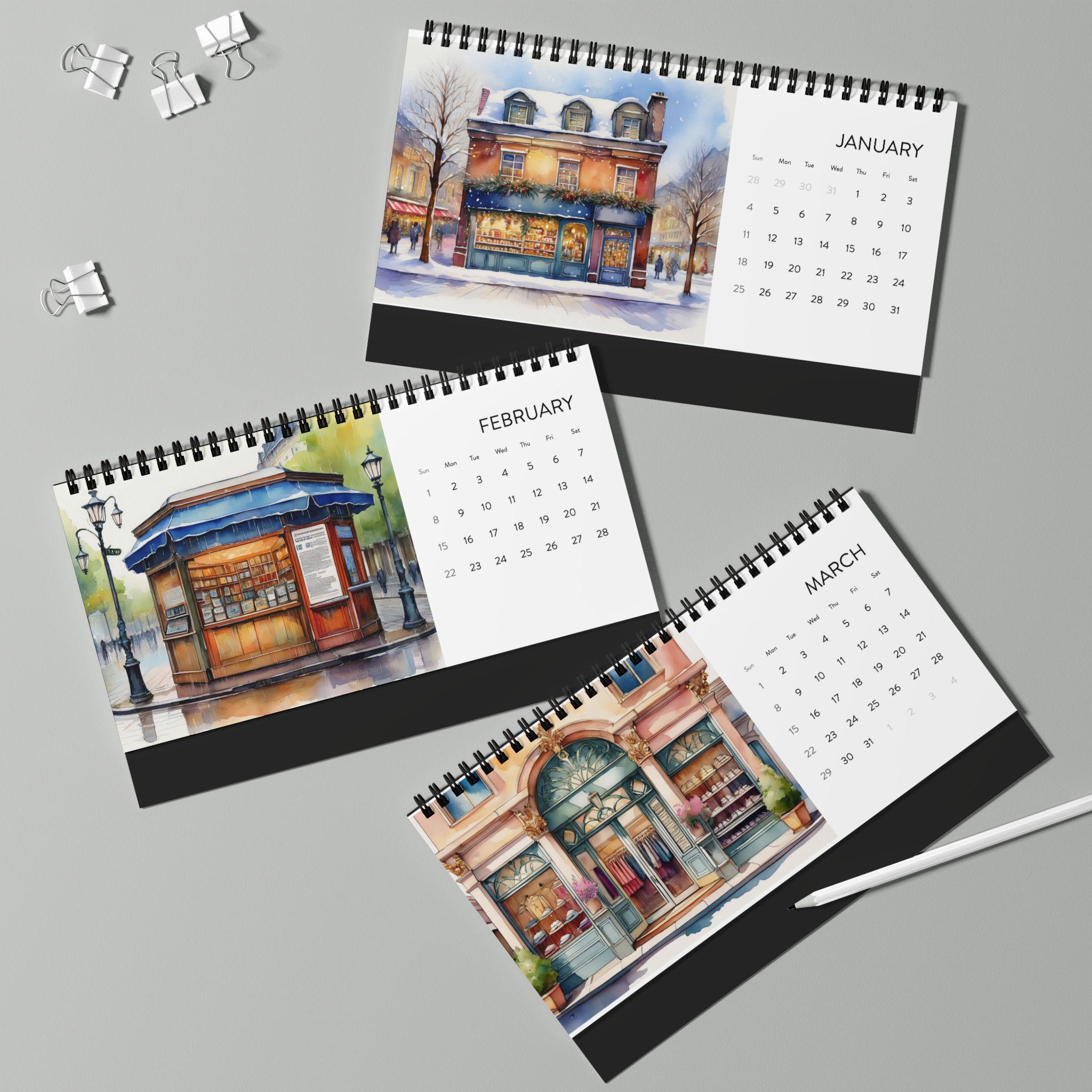 2026 Desk Calendar, Watercolor European Storefronts, Sidewalk Cafes ...