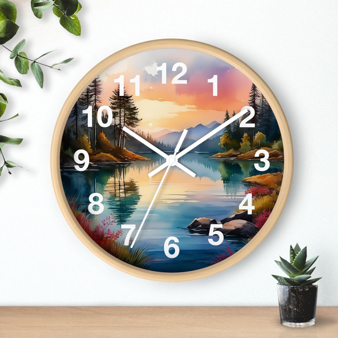 Watercolor Mountain Lake Sunset 10" Wall Clock - Elegant White or Light ...