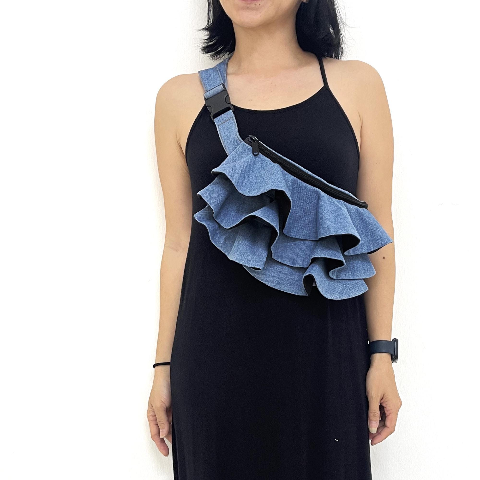 Ruffle Denim Belt Bag . Handmade Convertible Waist & Crossbody Fanny ...