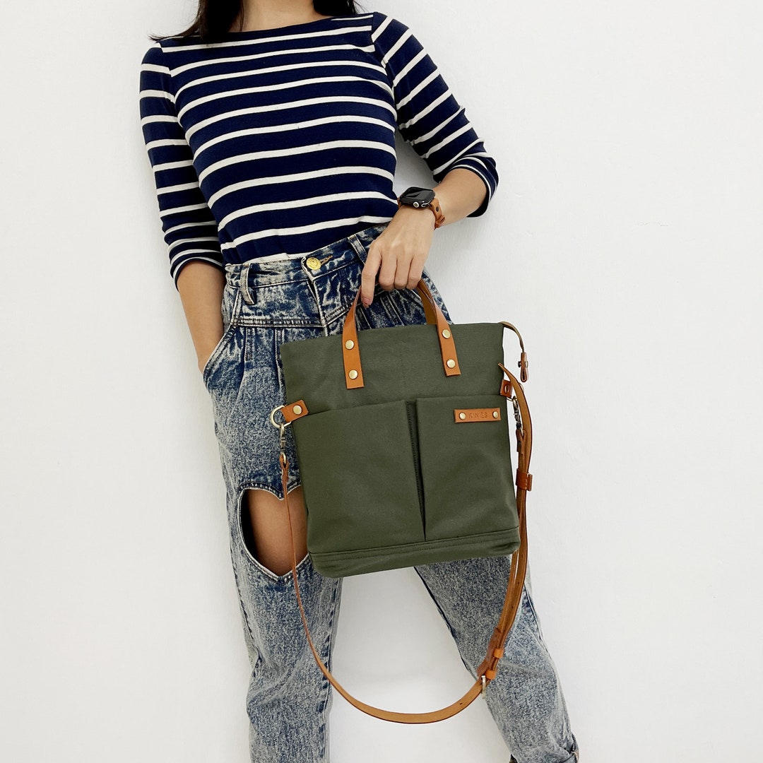 Personalized Waxed Canvas Zipper Shoulder Tote With Leather Strap ...