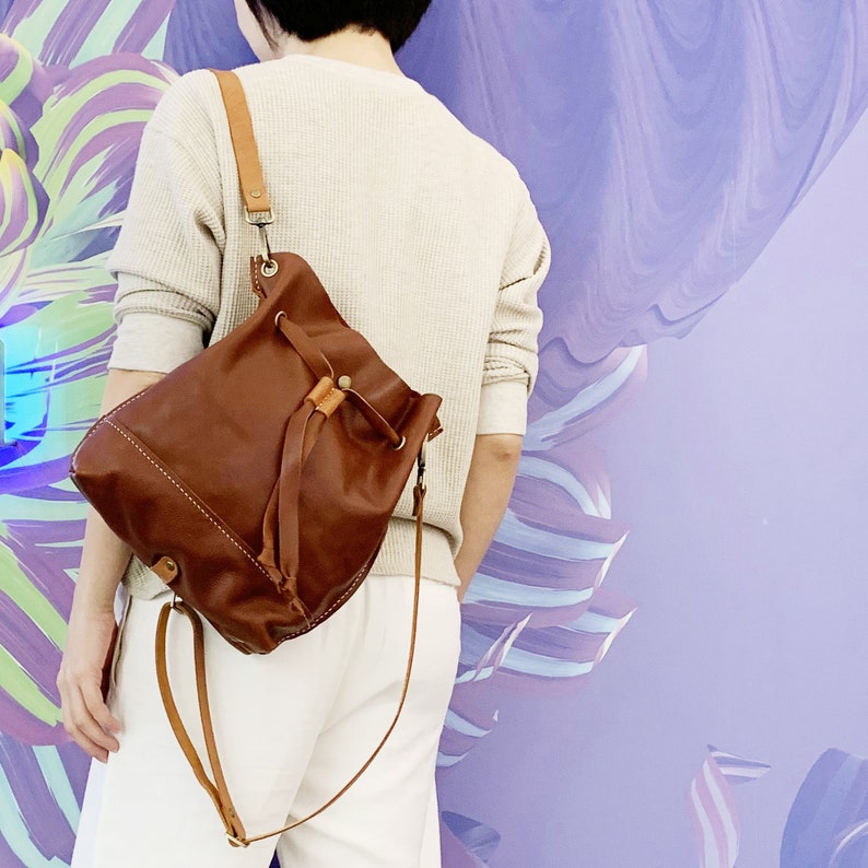 Dark Brown Genuine Leather Drawstring Backpack Barrel Bag | Etsy