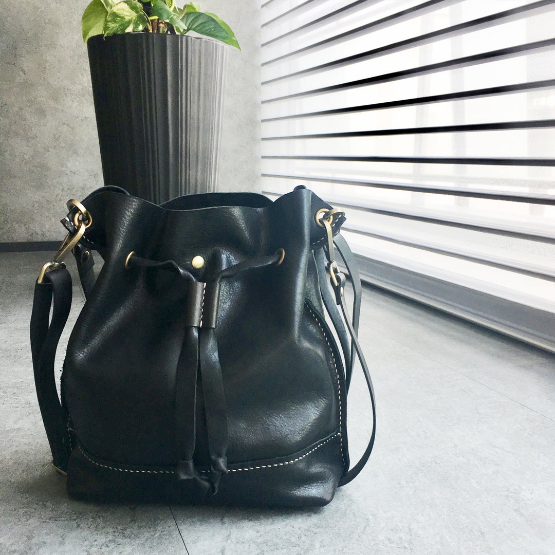 Black Genuine Leather Drawstring Backpack, Barrel Sling Bag, Shoulder ...