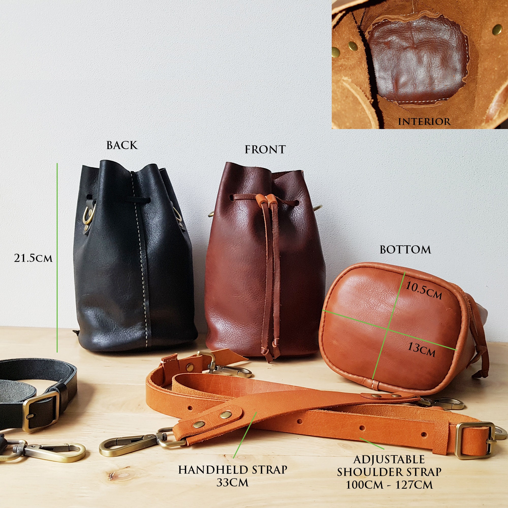 Black Genuine Leather Drawstring Mini Barrel Bag Bucket Bag | Etsy