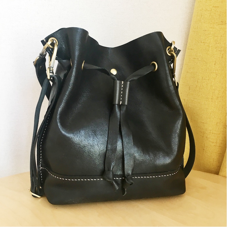 Black Genuine Leather Drawstring Backpack Barrel Sling Bag | Etsy