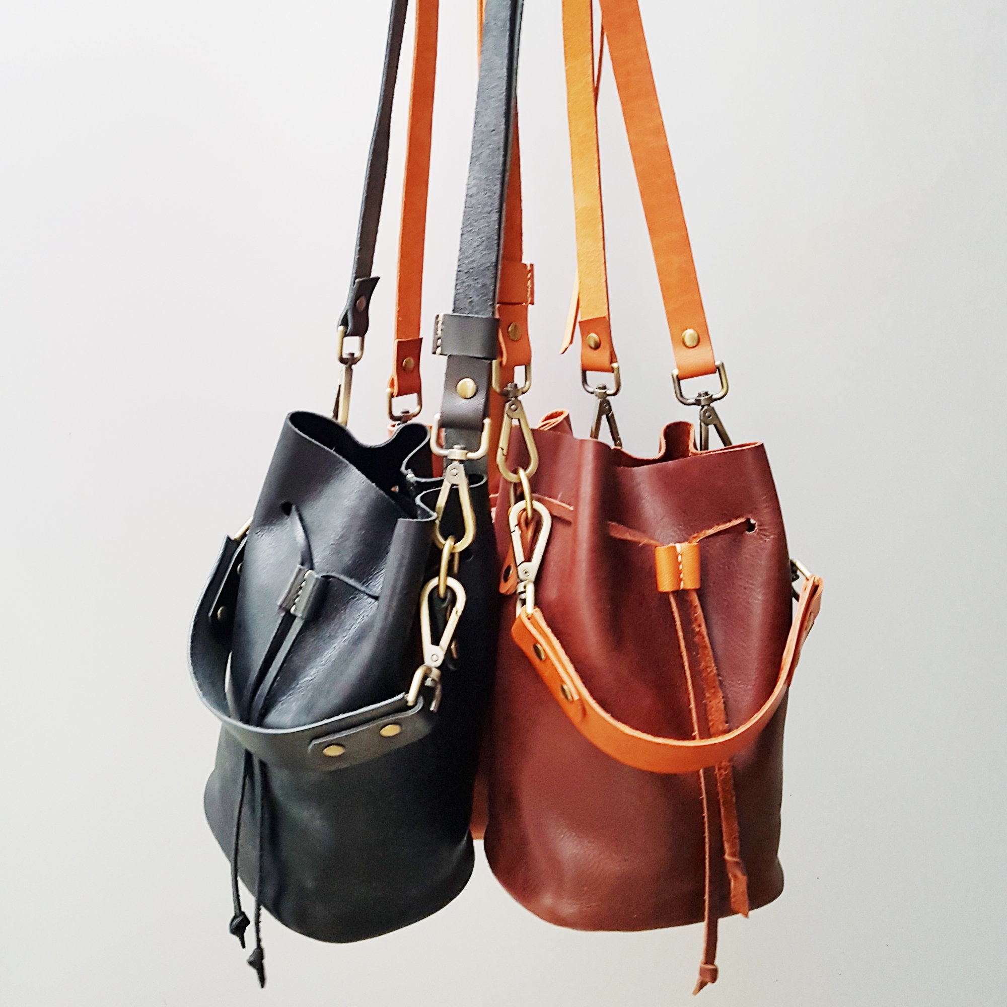 Black Genuine Leather Drawstring Mini Barrel Bag Bucket Bag | Etsy