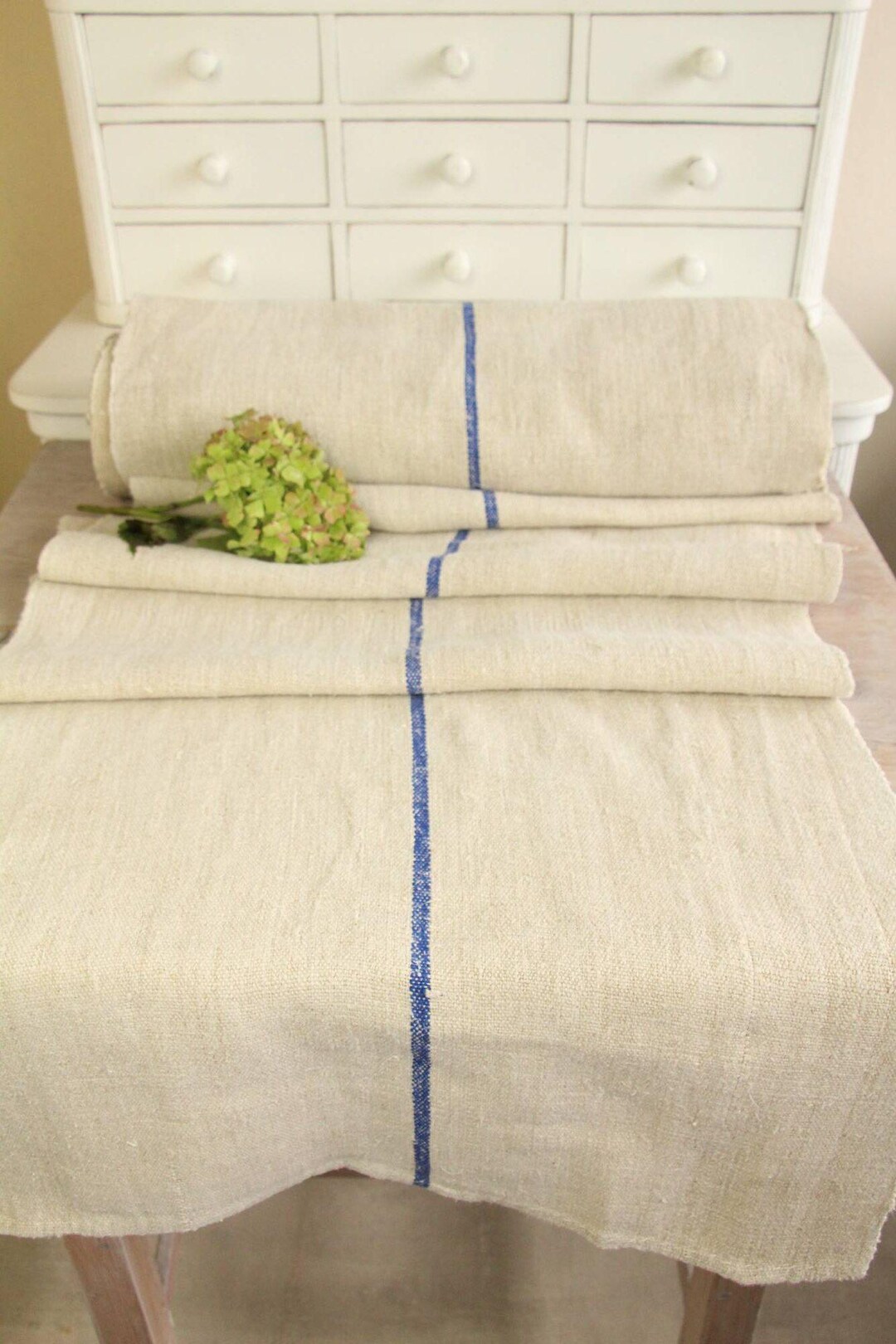Antique Handwoven Linen Fabric: Organic Oatmeal With Blue Stripes (12 ...