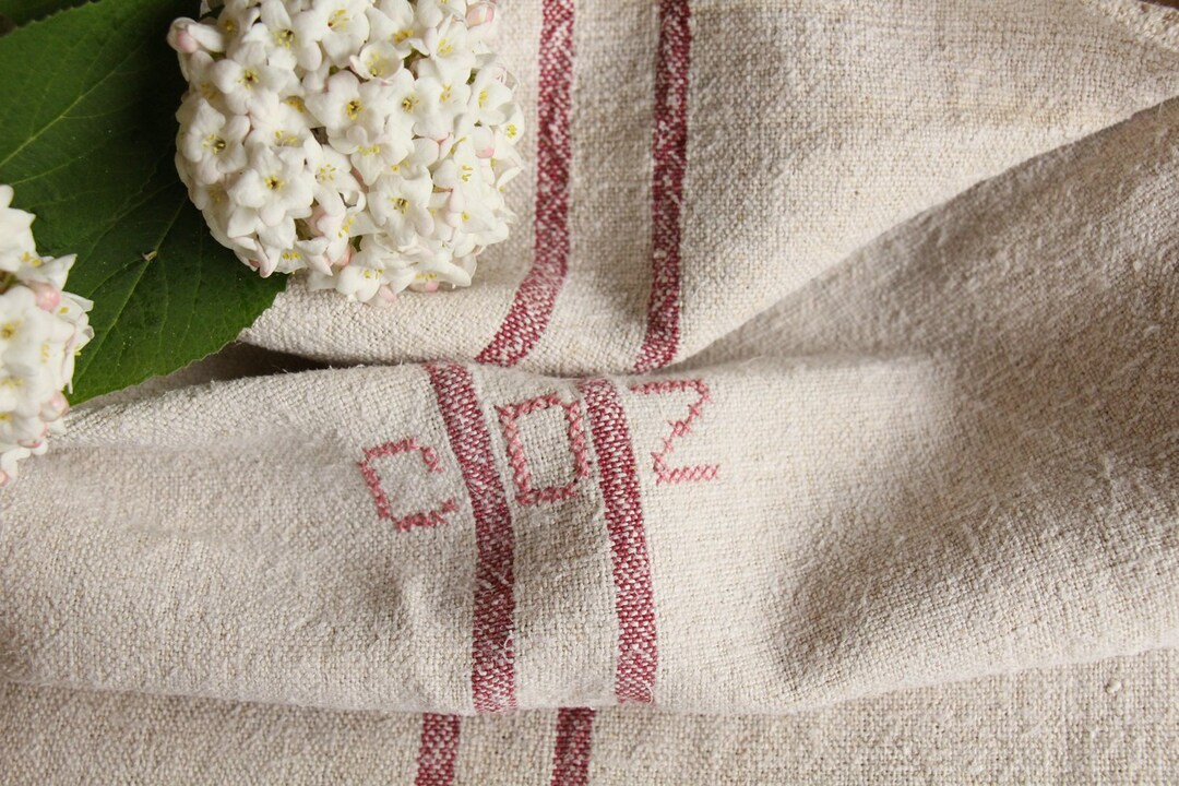 Antique Hemp Linen Grain Sack: Faded Raspberry Red Stripes, CDZ ...