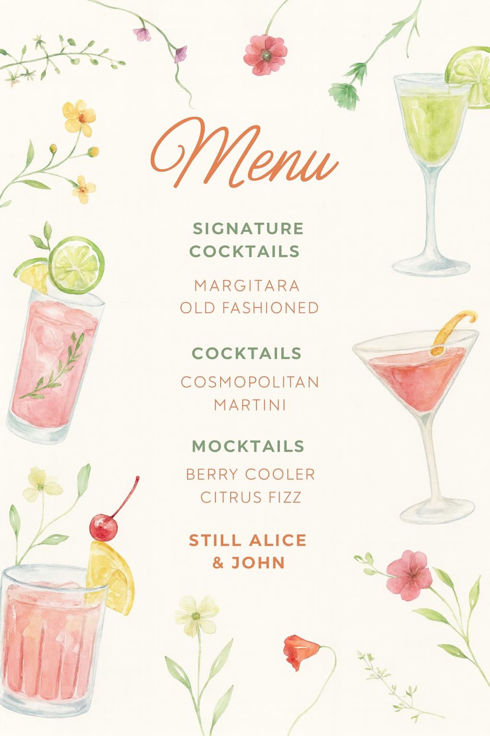 Elegant Watercolor Cocktail Menu Template | Wedding Bar Sign ...