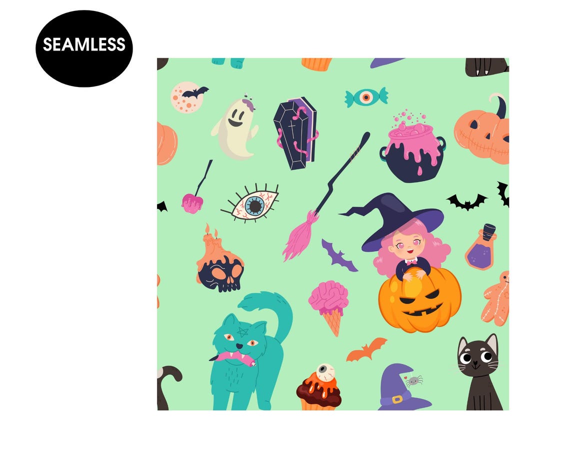 Cute Halloween Themed Digital Patterns Papers, Seamless Pattern JPG ...