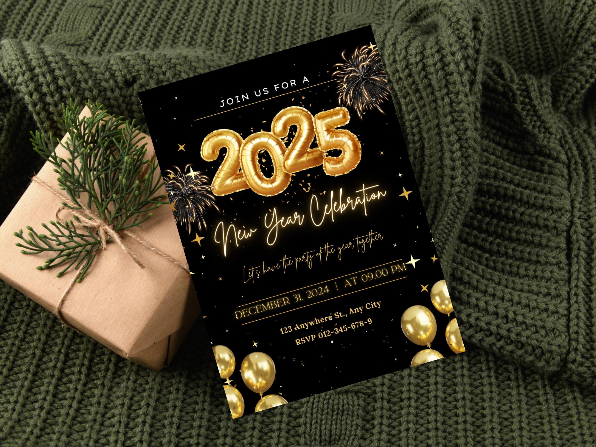2025 New Years Party Invitation Template, Gold Balloon New Years Eve ...