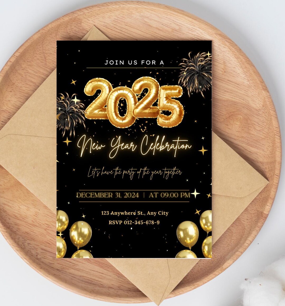 2025 New Years Party Invitation Template, Gold Balloon New Years Eve ...