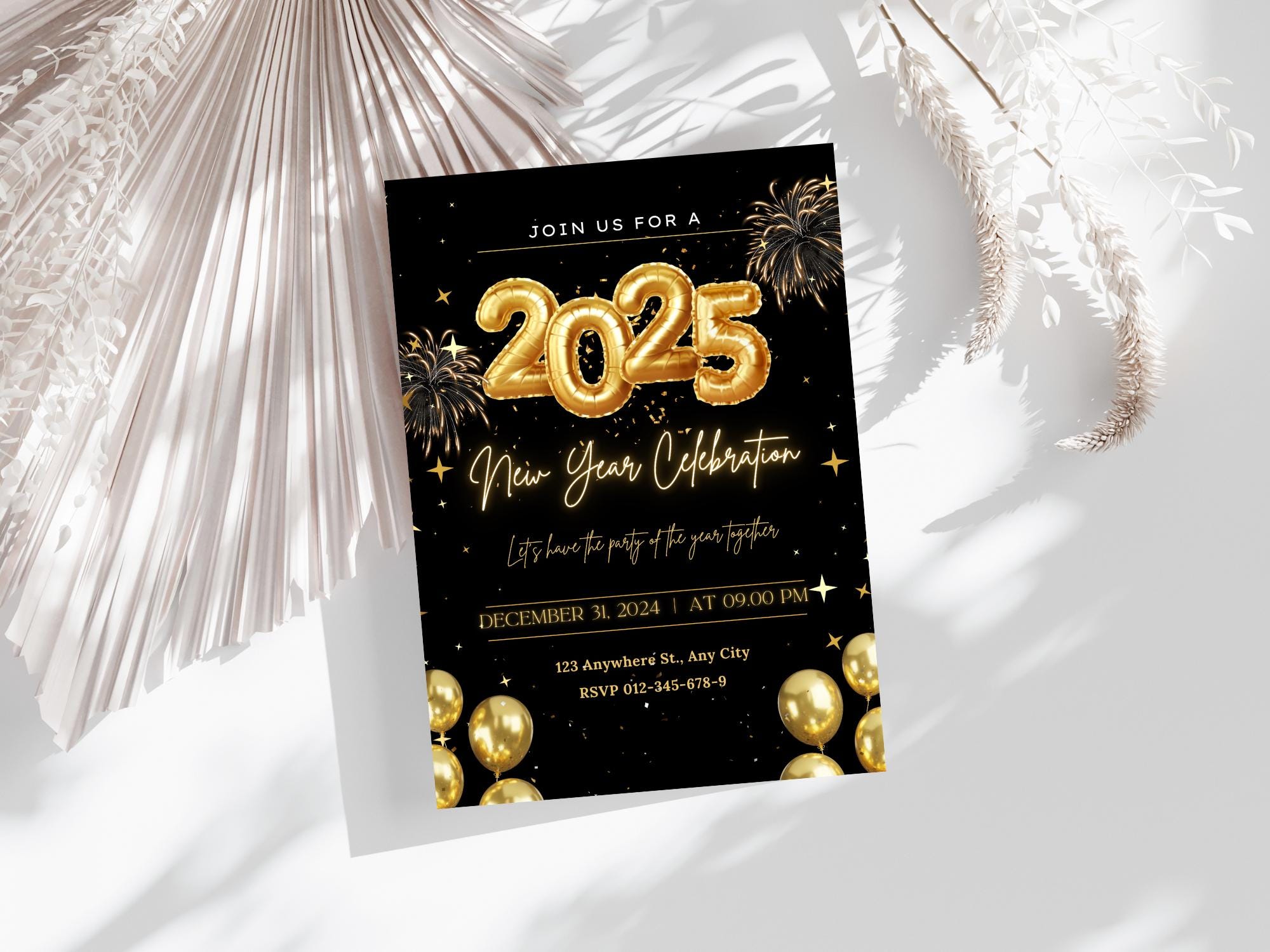 2025 New Years Party Invitation Template, Gold Balloon New Years Eve ...