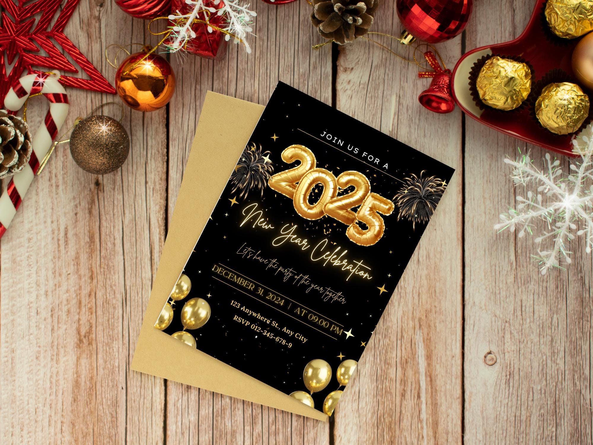2025 New Years Party Invitation Template, Gold Balloon New Years Eve ...