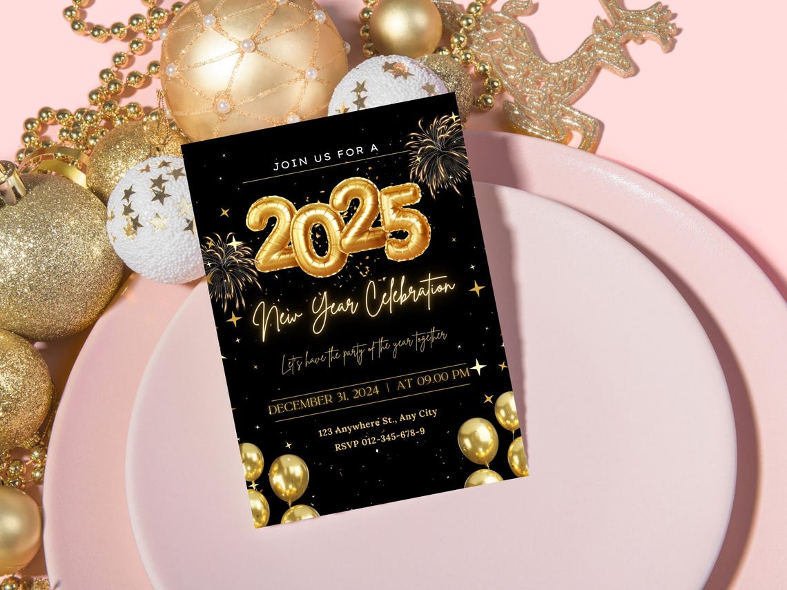 2025 New Years Party Invitation Template, Gold Balloon New Years Eve ...