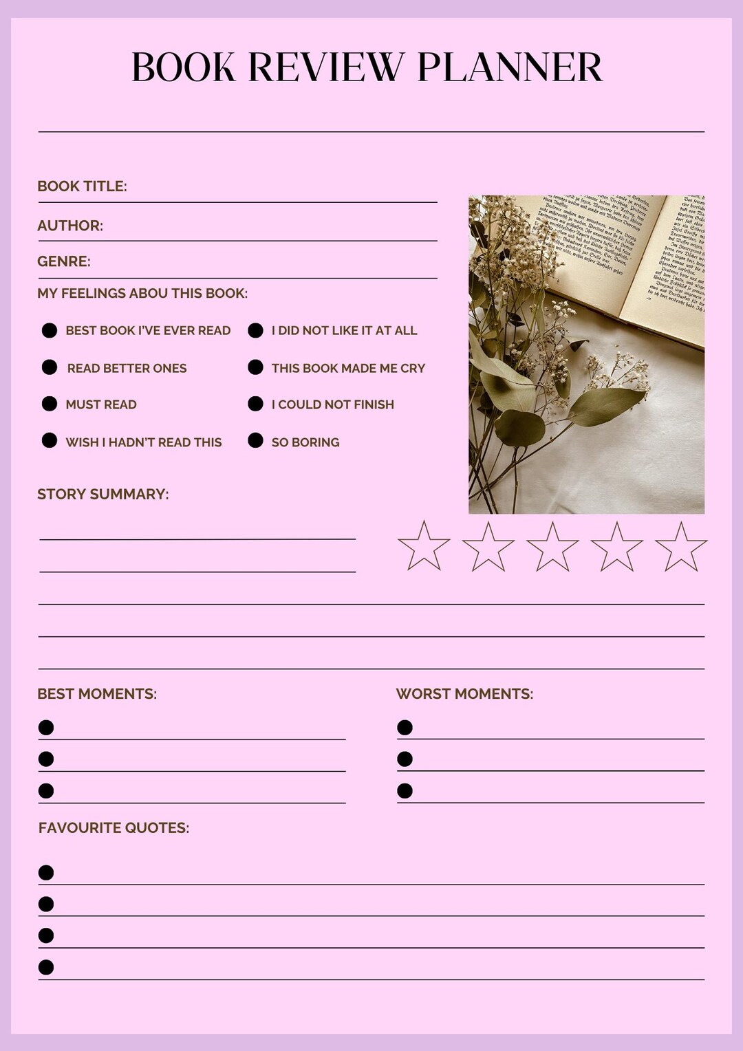 Book Review Planner, Digital Book Review, Book Review Page, Reading ...