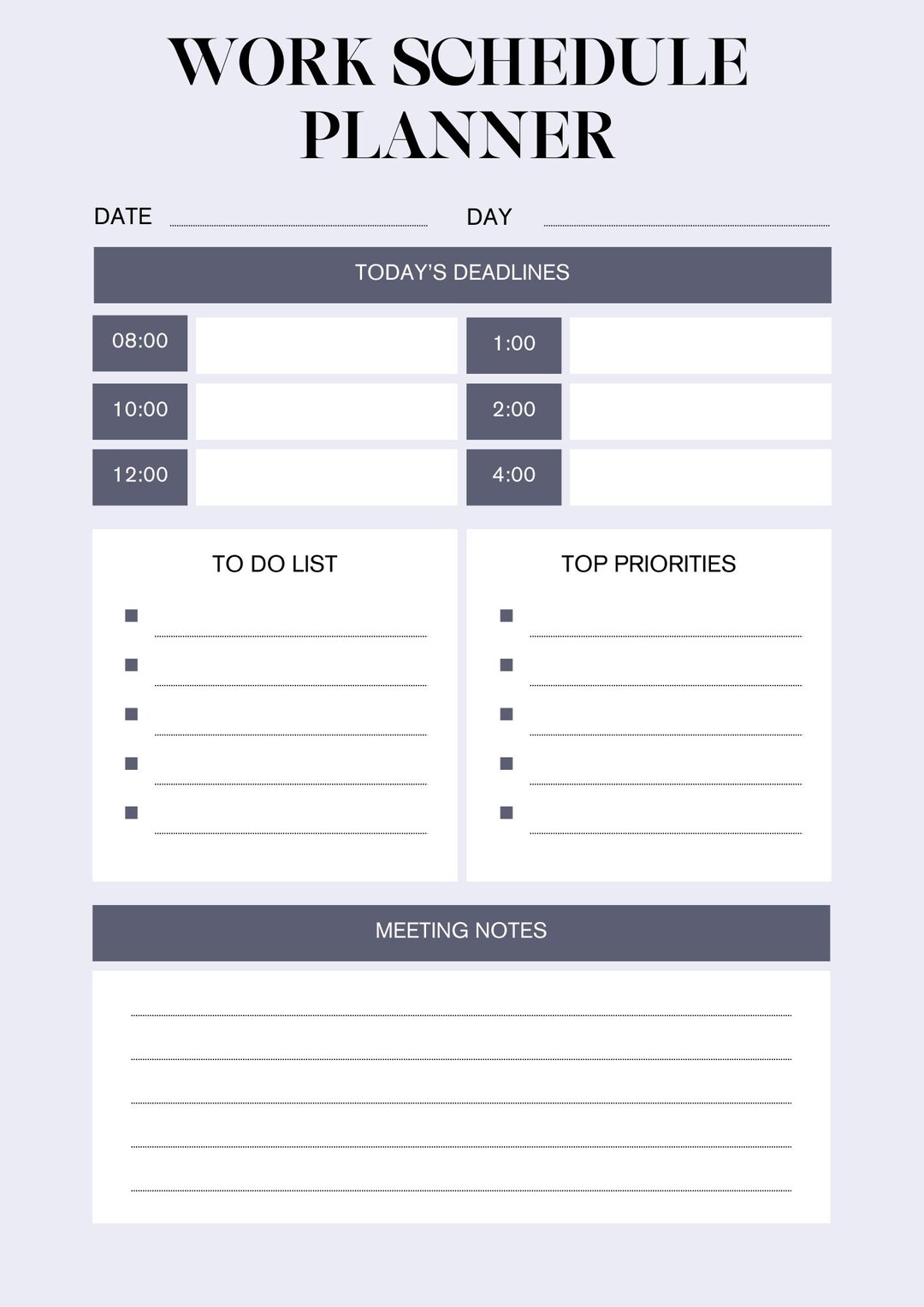 Work Schedule Planner, Work Daily Planner, Daily Schedule, Productivity ...