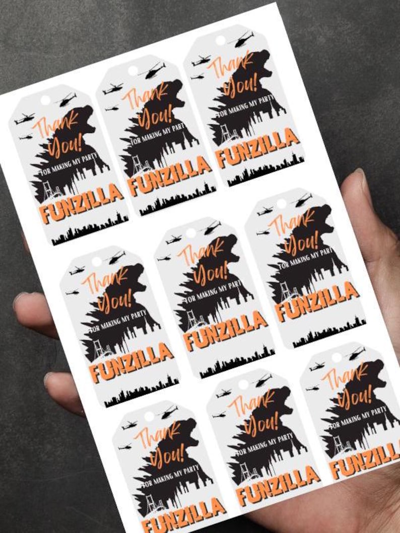 Godzilla Birthday Favor Tags | Printable Party Favor Tags | Monster ...