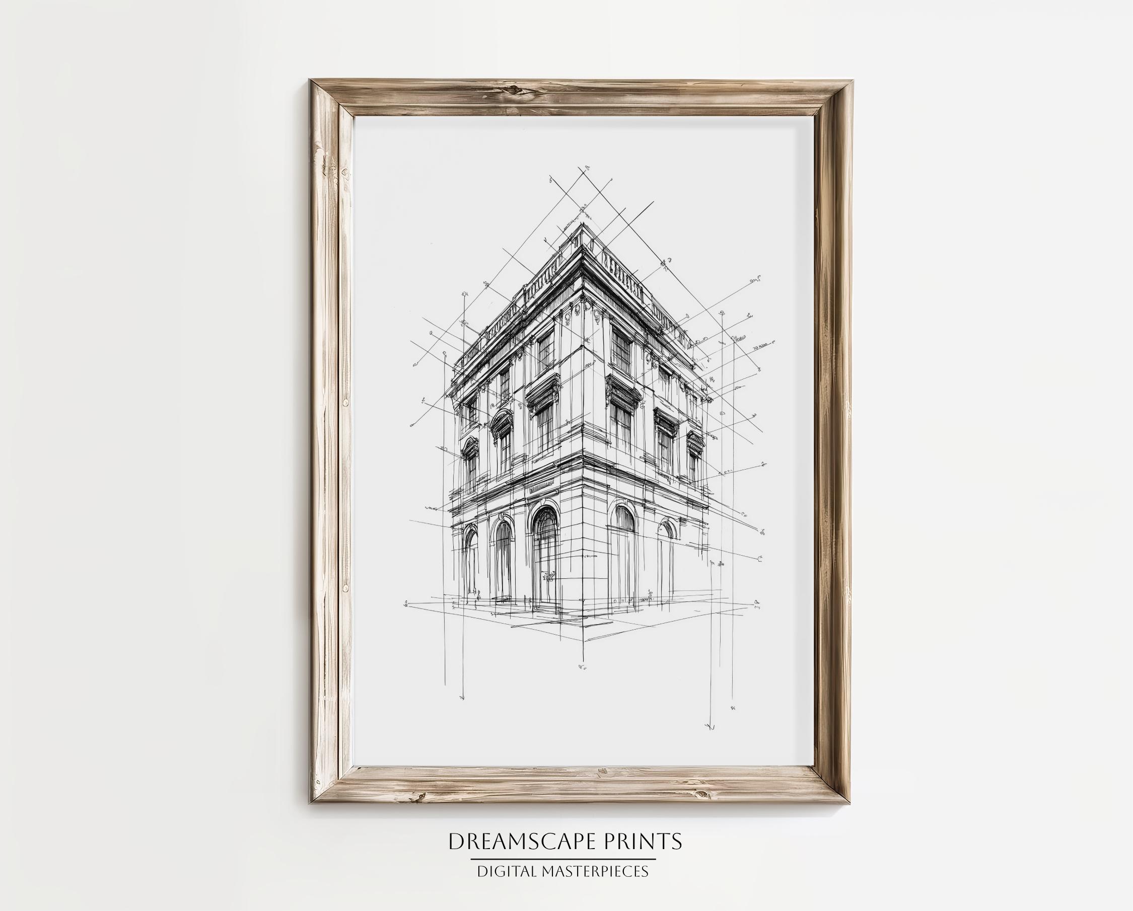 Architectural Line Drawing Blueprint Minimalist Art Black and White ...