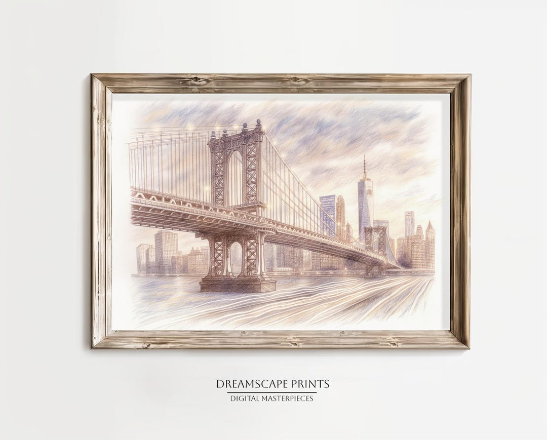 Manhattan Bridge Pencil Drawing Vibrant NYC Cityscape Urban Landscape ...