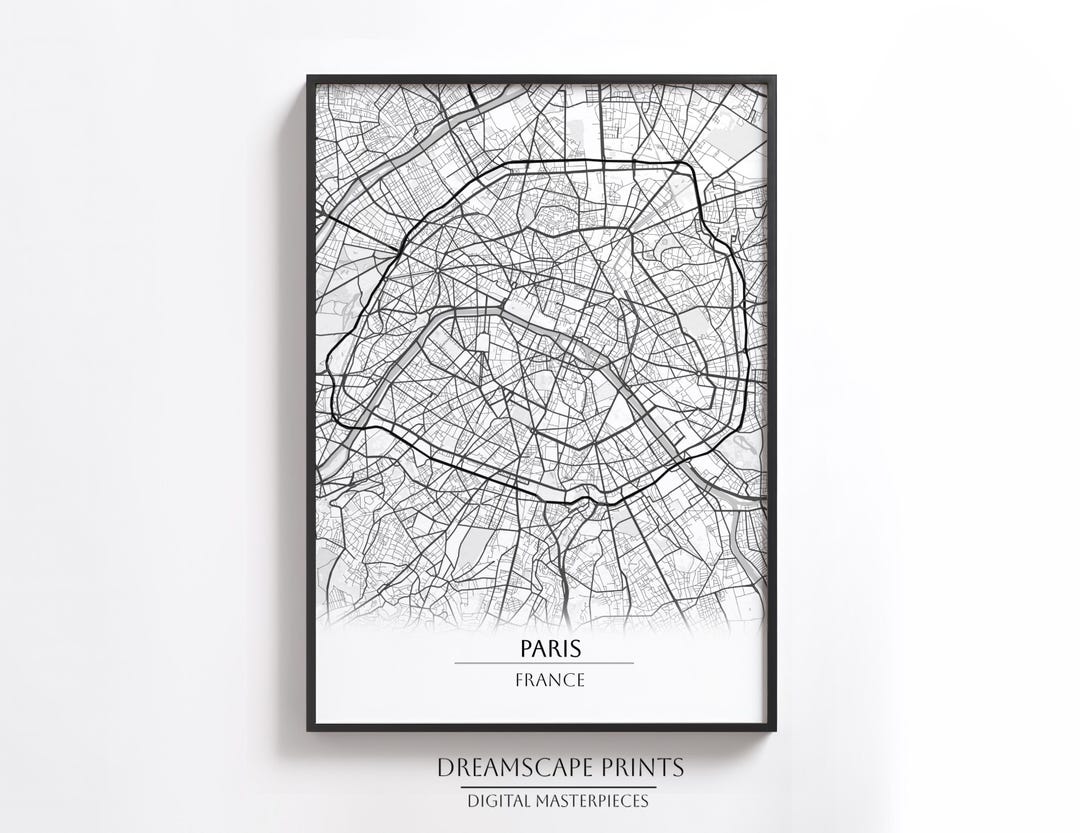 Paris Black and White Map Print of Paris City Map Monochrome Poster ...