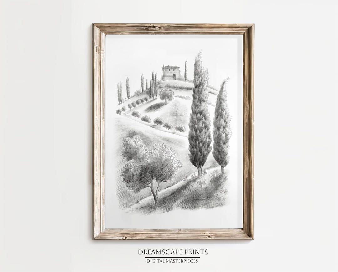 Italian Countryside Pencil Drawing Tuscany Hills Sketch Black and White ...