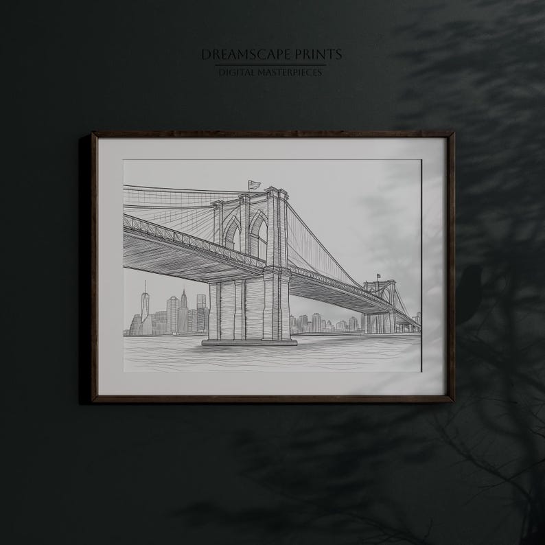 Brooklyn Bridge Pencil Drawing New York City Skyline Art Digital ...