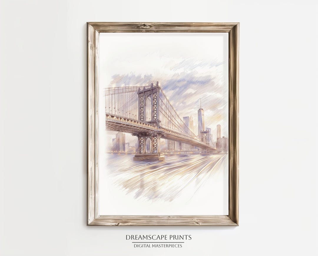 New York City Manhattan Bridge Pencil Drawing Vibrant NYC Cityscape ...