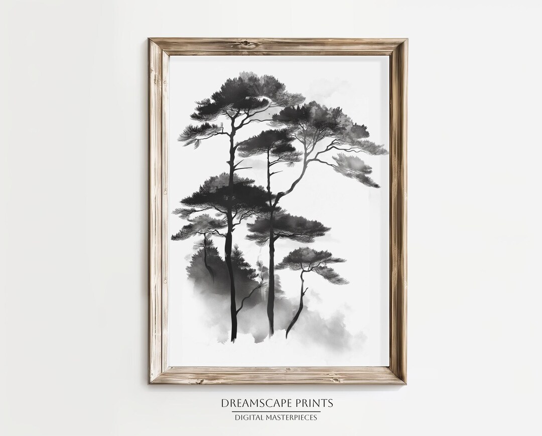 Black Ink Pine Trees Painting Japanese Minimalist Landscape Zen Style ...